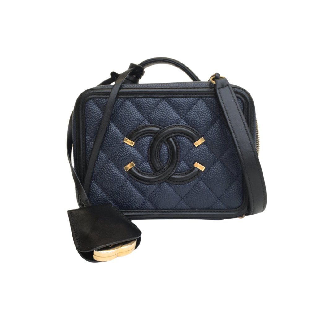 Chanel Filigree Vanity Case Small Blue/Black Caviar - Luxe Du Jour