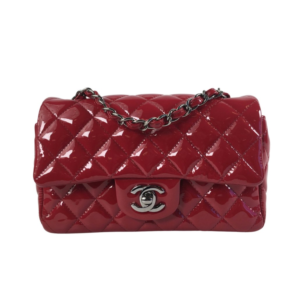 Chanel Classic Mini Rectangle Raspberry Red Patent SHW - Luxe Du Jour