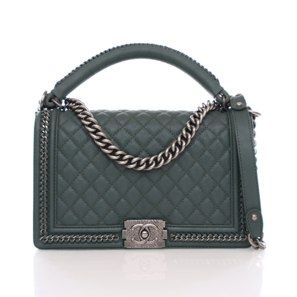 Chanel Large Green Calfskin Top Handle Boy Bag - Luxe Du Jour