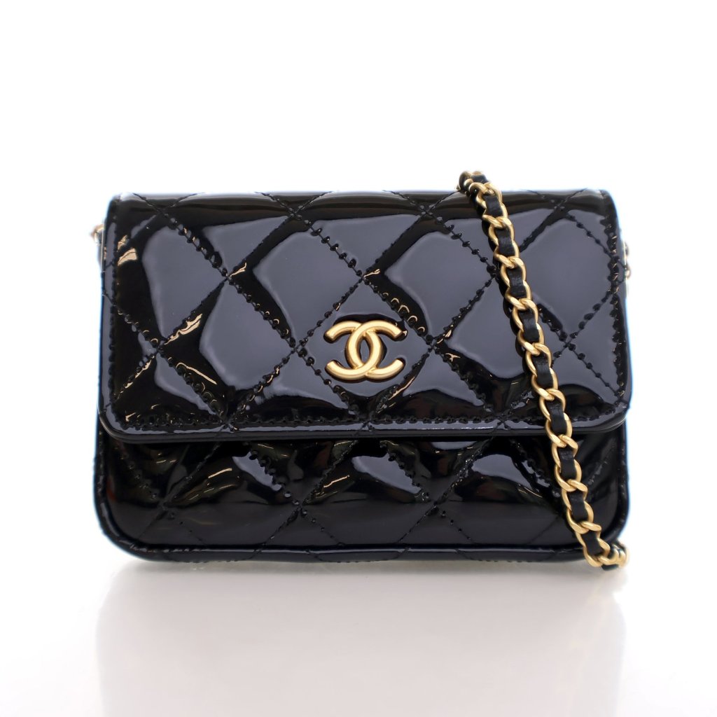 Chanel Mini Black Patent Coco Chain Pouch - Luxe Du Jour