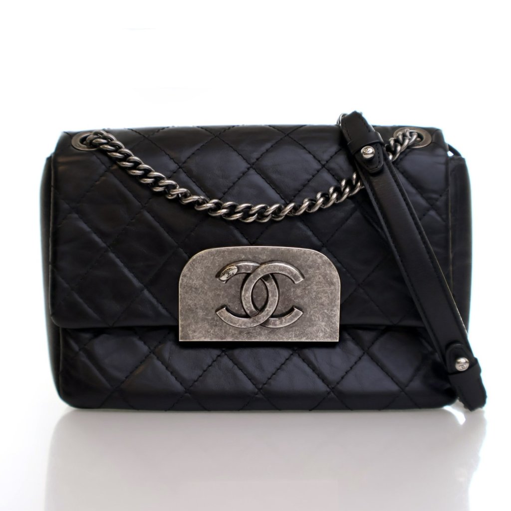 Chanel Small Black Aged Calfskin CC Square Flap Bag - Luxe Du Jour