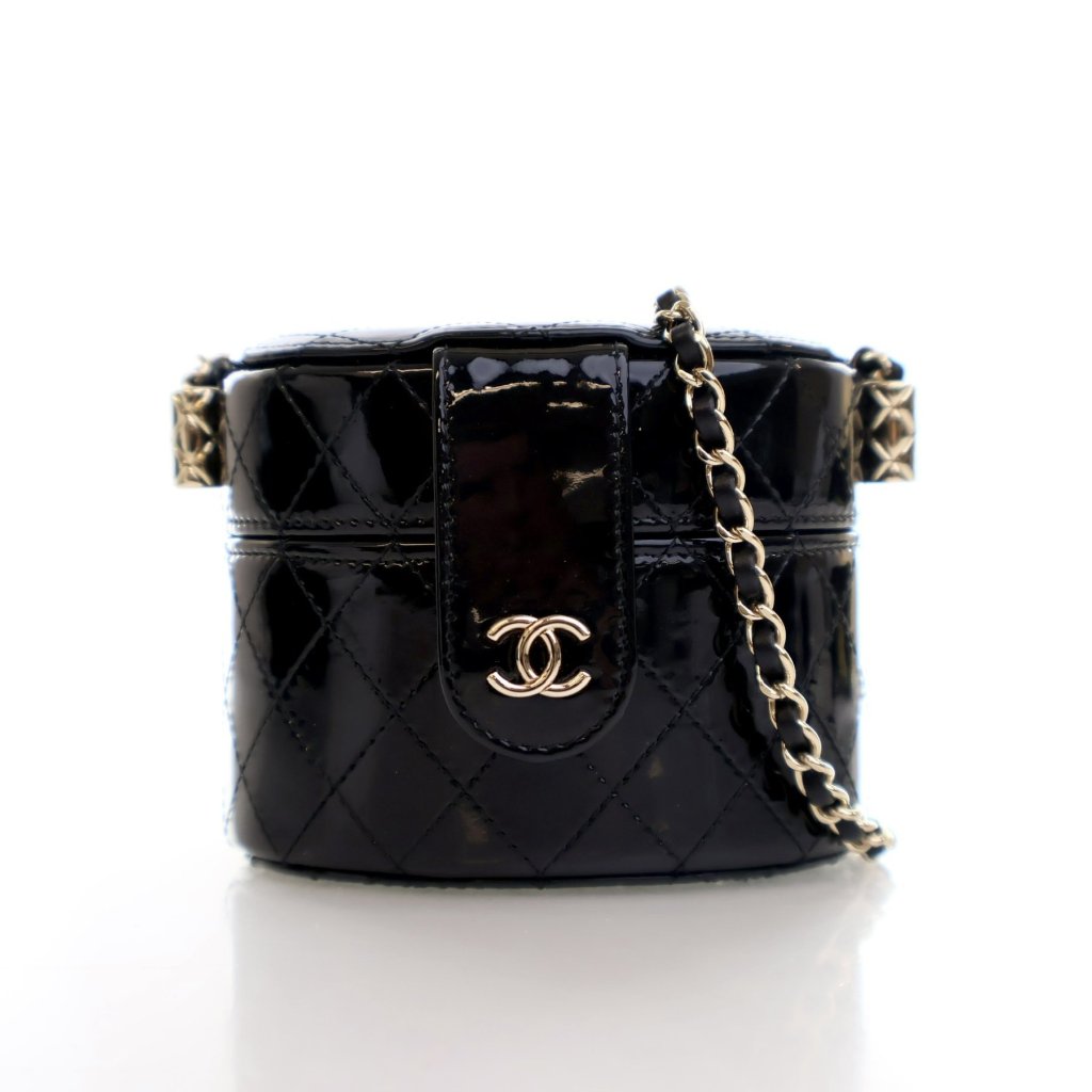 Chanel Mini Black Patent Round Vanity Case With Chain - Luxe Du Jour