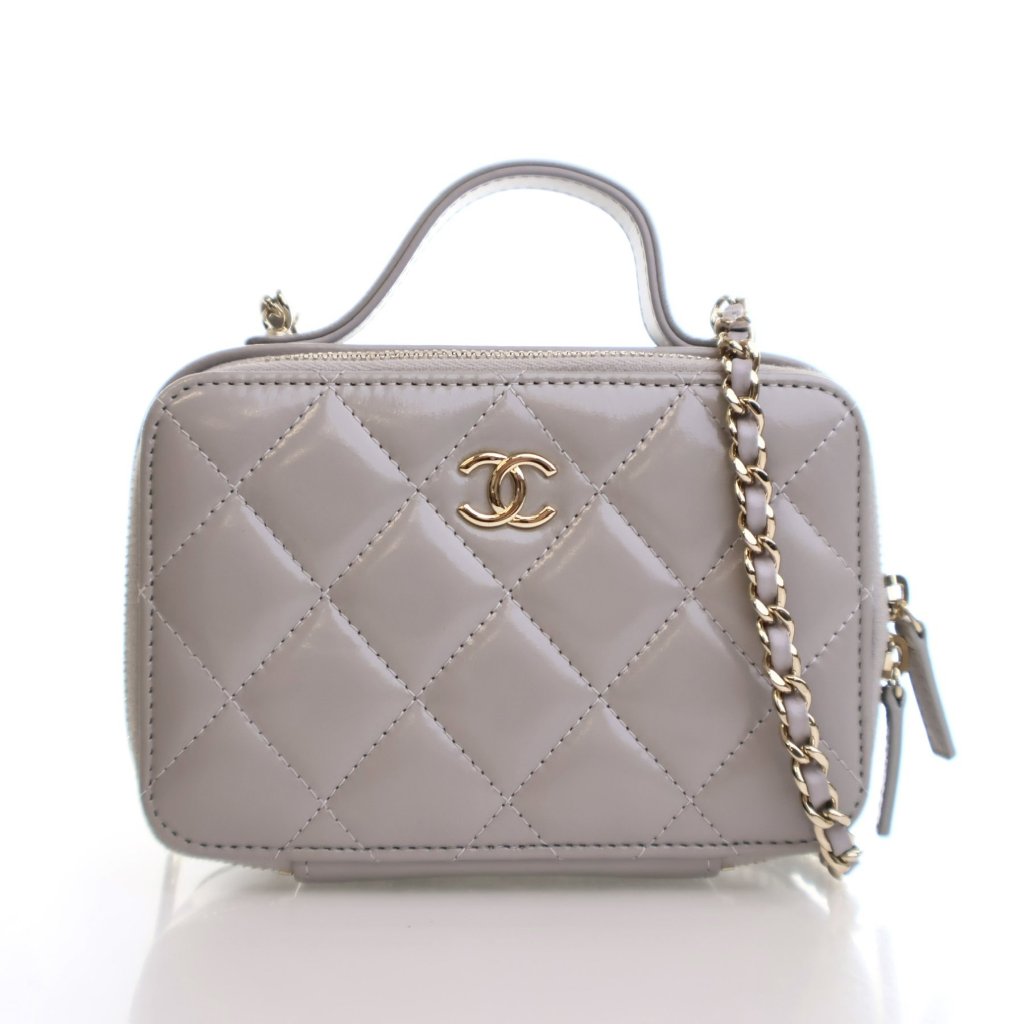 Chanel Mini Grey Glazed Calfskin Double Zip CC Vanity Case - Luxe Du Jour