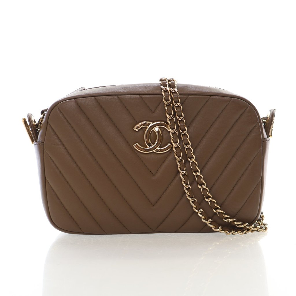 Chanel Small Calfskin Chevron CC Camera Case With Chain - Luxe Du Jour
